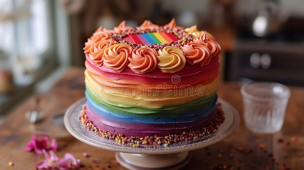 Rainbow LGBT Flag Colored Cake on Kitchen Table Stock Illustration ...
