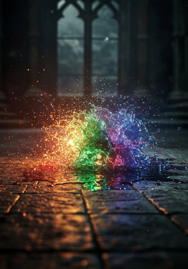 Rainbow Light Particle Explosion on Dark Stone Floor Stock Illustration ...