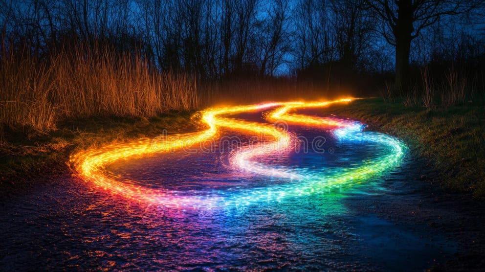 Rainbow Light Path through Dark Forest at Night Stock Illustration ...
