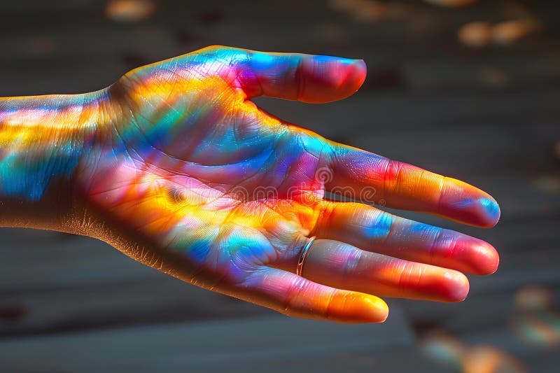 Rainbow Light Reflections on Hand - Artistic Concept for Creativity and ...