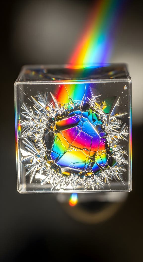 Rainbow Light Refracts through a Fractured Crystal Cube, Creating ...