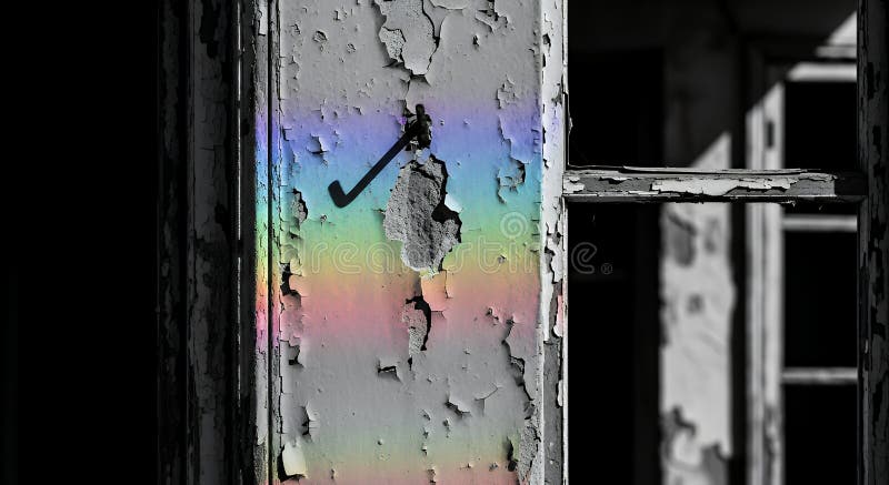 Rainbow Light Shines through Peeling Paint on Old Window Frame Stock ...