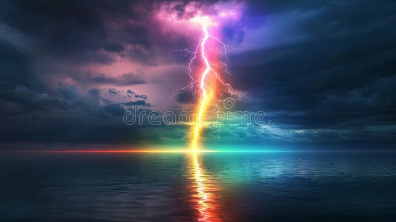 Rainbow Lightning Bolt Striking Over Calm Ocean at Dusk Stock Photo ...