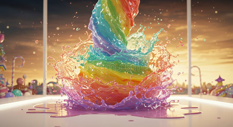Rainbow Liquid Pouring and Splashing Onto a Bright Surface Table Stock ...