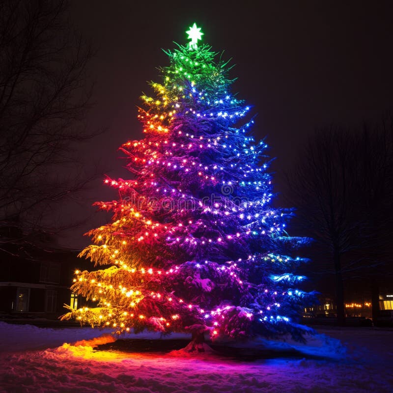 A Rainbow-Lit Christmas Tree in the Snow at Night Stock Illustration ...