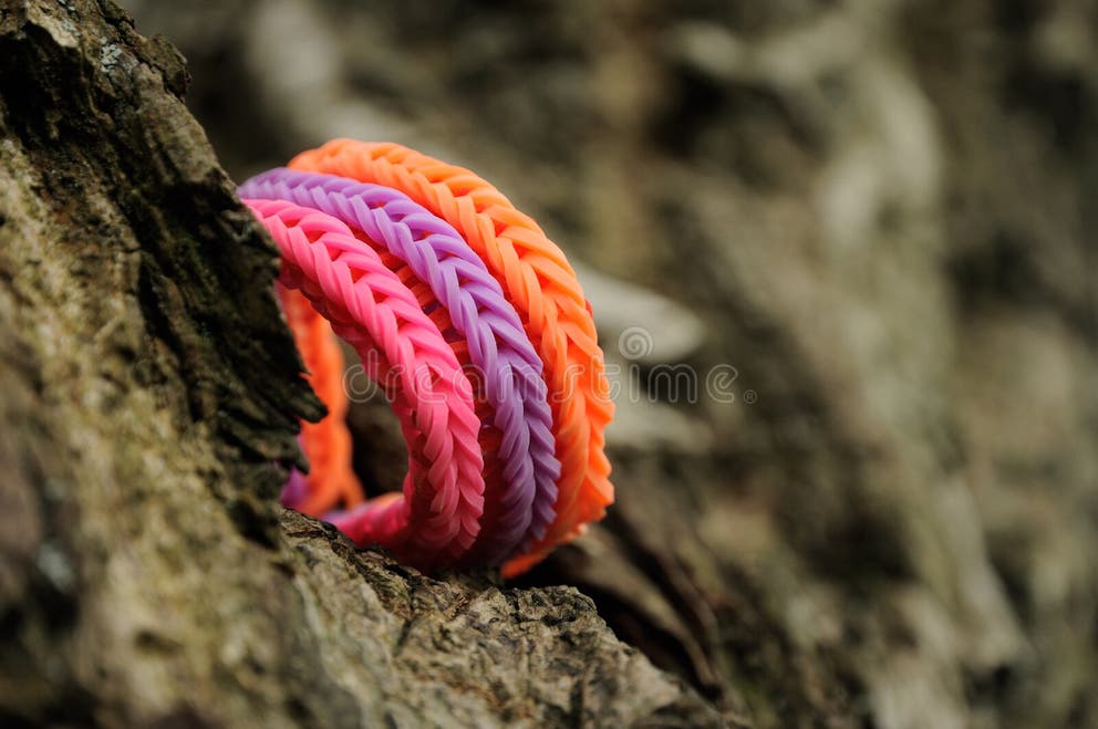 Colorful Rainbow Loom Band Bracelet on Tree Bark Stock Photo - Image of ...