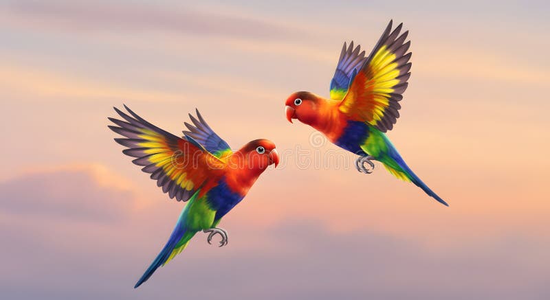 Rainbow Lorikeets in Flight: a Vibrant Sunset Spectacle Stock Illustration - Illustration of ...
