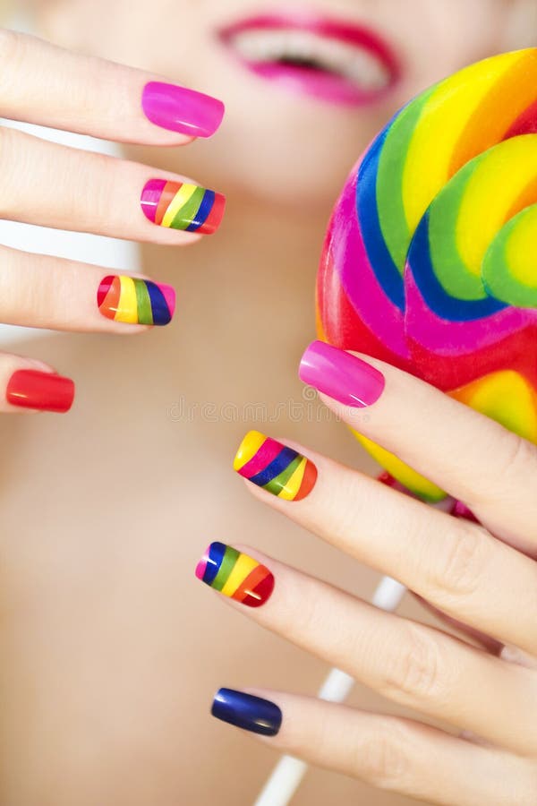 Rainbow manicure . stock image. Image of colour, acrylic - 63266235