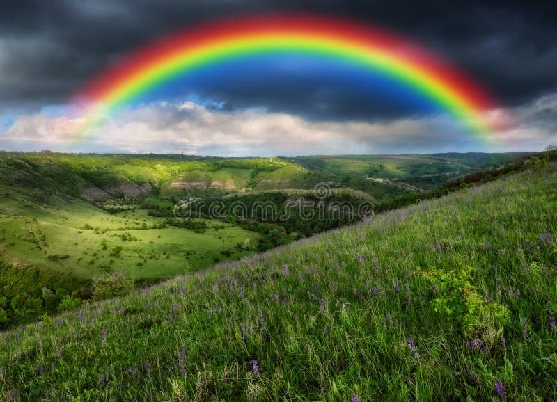 Rainbow in the Meadow. Picturesque Spring Morning Stock Photo - Image ...