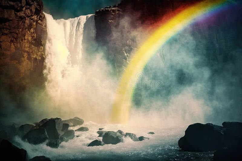 Rainbow in the Mist of a Waterfall, with the Sun Shining through Stock ...