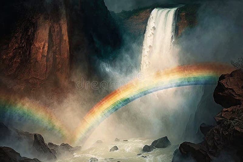 Rainbow in Mist, with Waterfall Visible Below Stock Illustration ...