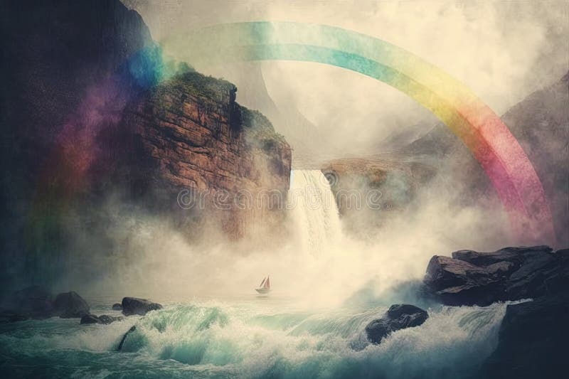 Rainbow in Mist, with Waterfall Visible Below Stock Image - Image of ...