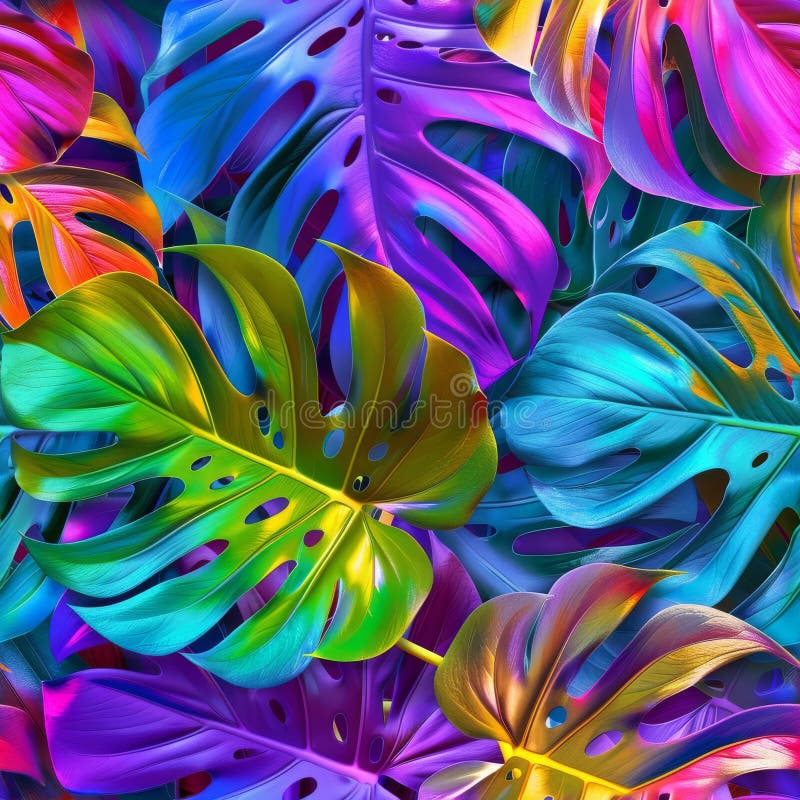 Rainbow Monstera Leaf Seamless Pattern, Texture Exotic Tropical Plant ...
