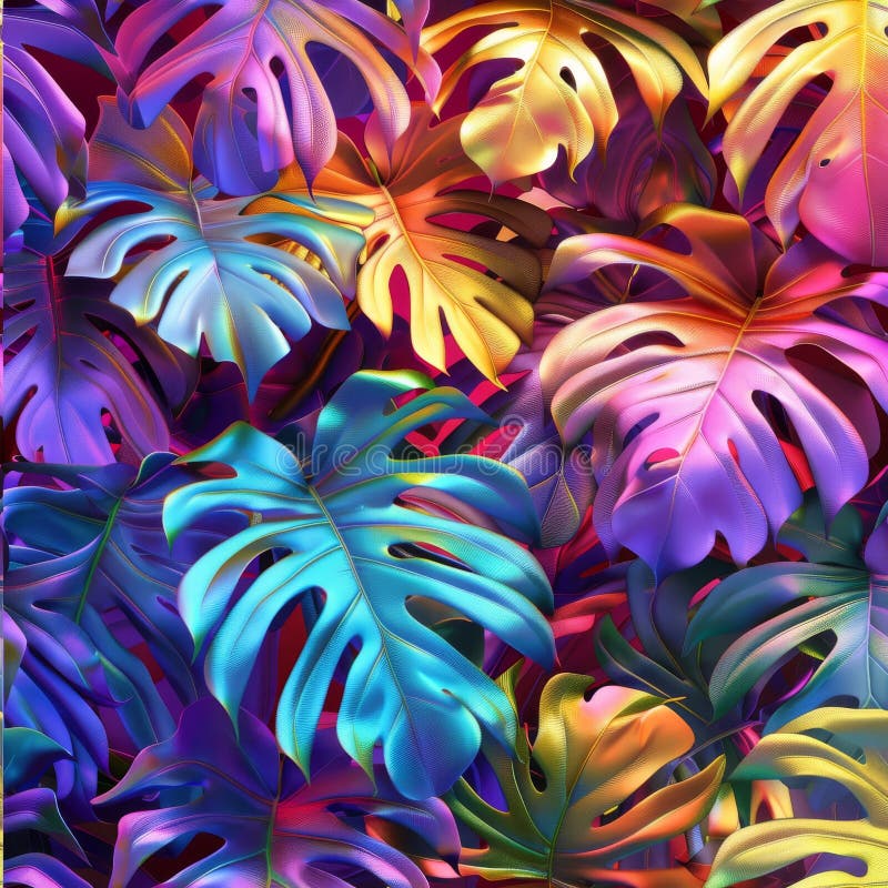 Rainbow Monstera Leaf Seamless Pattern, Texture Exotic Tropical Plant ...