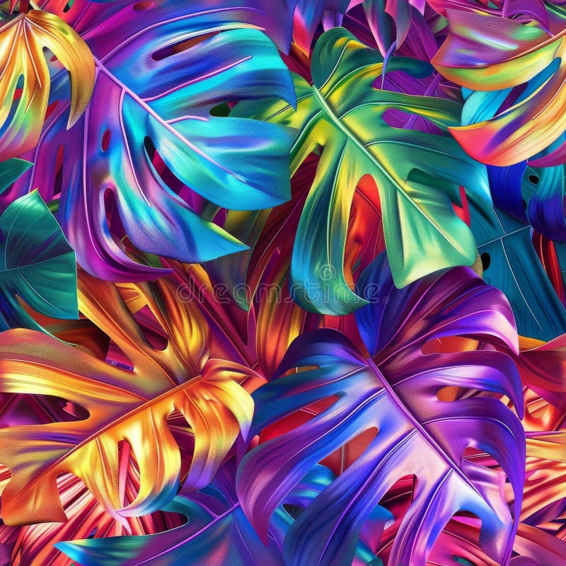 Rainbow Monstera Leaf Seamless Pattern, Texture Exotic Tropical Plant ...
