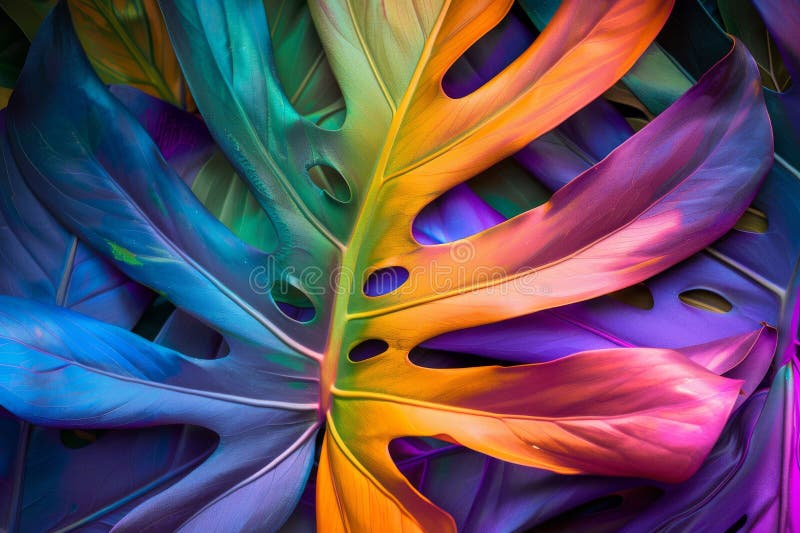 Rainbow Monstera Leaf Texture Exotic Tropical Plant, Modern Rainbow ...