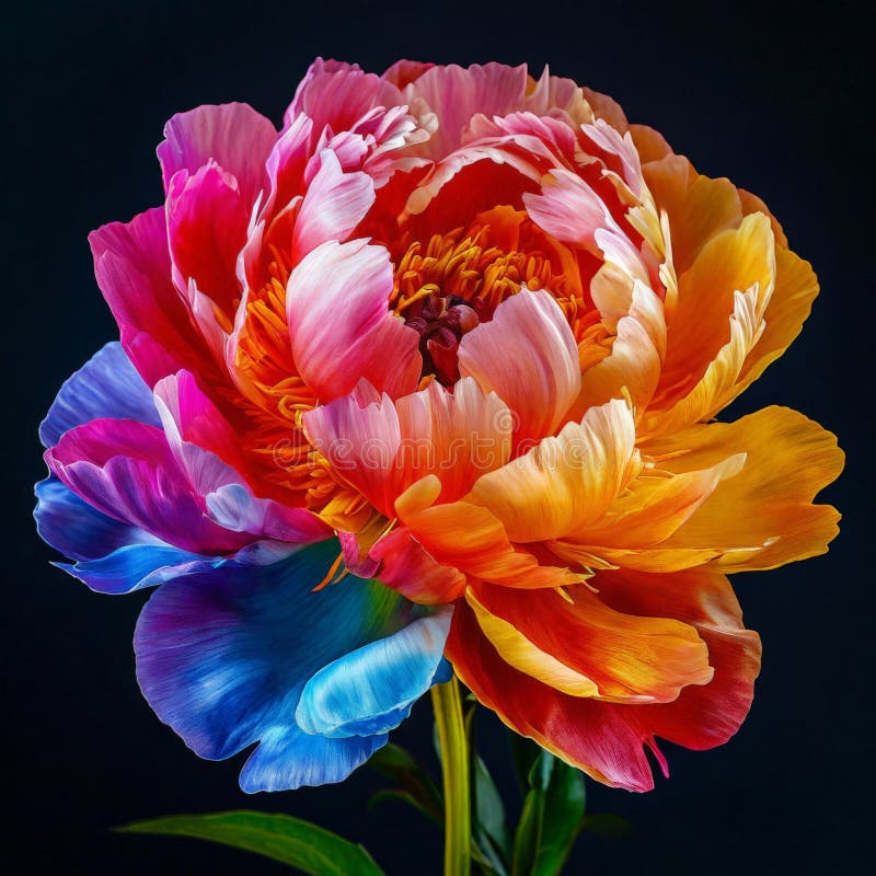 Rainbow, Multi-colored Peony on a Black Background Stock Illustration ...