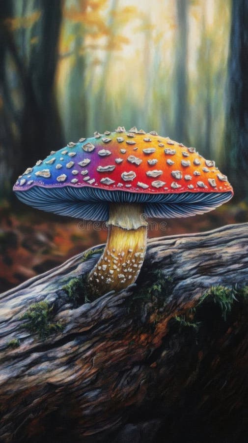Rainbow Mushroom in a Forest Setting Stock Illustration - Illustration ...