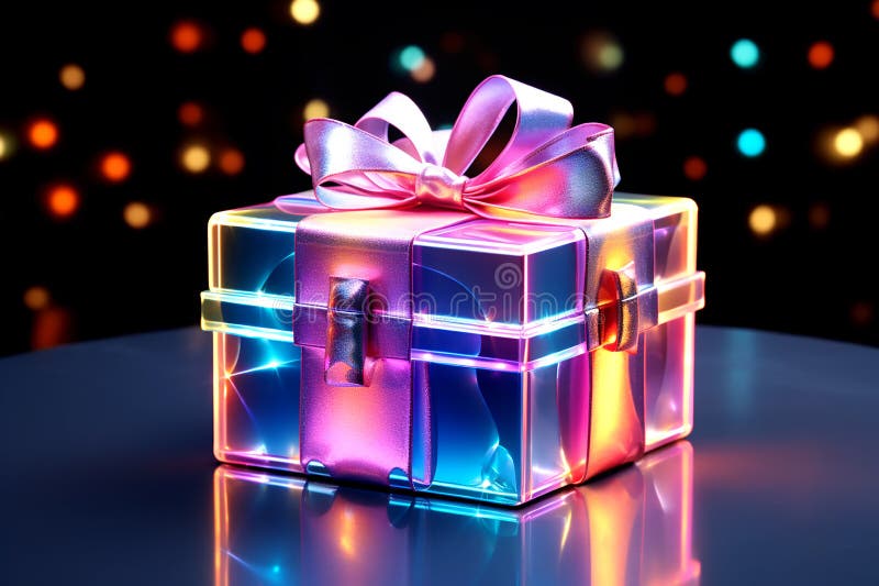 Rainbow Neon Gift Box with Bow on the Background of Bokeh Effect ...
