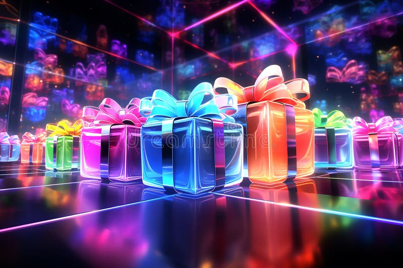 Rainbow Neon Gift Boxes with Bow on the Background of Bokeh Effect ...