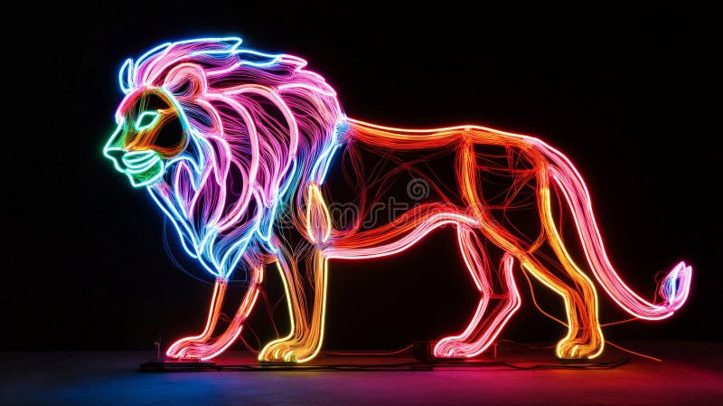 Rainbow Neon Lion Light Sculpture at Night Stock Illustration ...