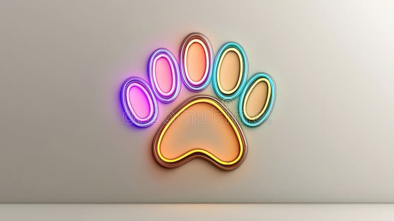 Colorful Neon Paw Print on White Wall 3D Render Stock Illustration ...