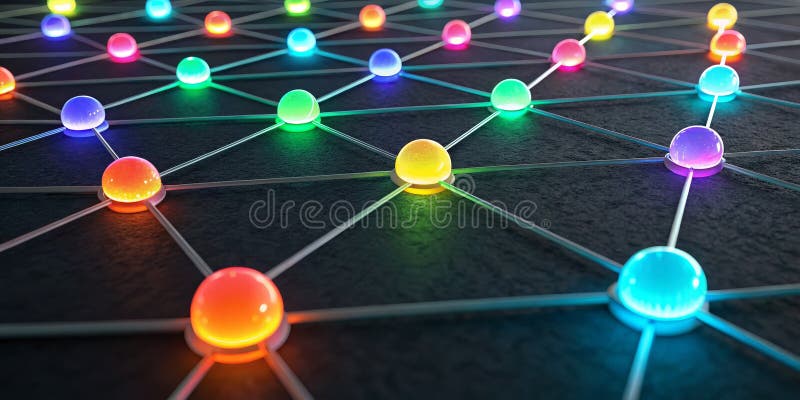 Rainbow Network 3D Render of Interconnected Nodes, Network,Connectivity Network Topology, Node ...