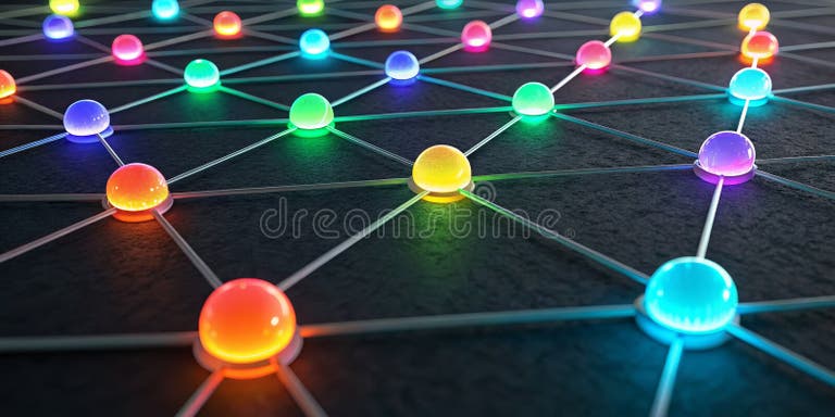 Rainbow Network 3D Render of Interconnected Nodes, Network,Connectivity Network Topology, Node ...