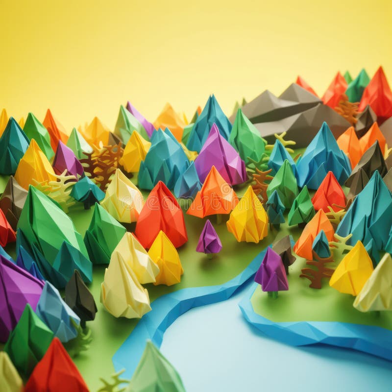 Rainbow Origami Landscape with Trees and Mountains, Created Using ...