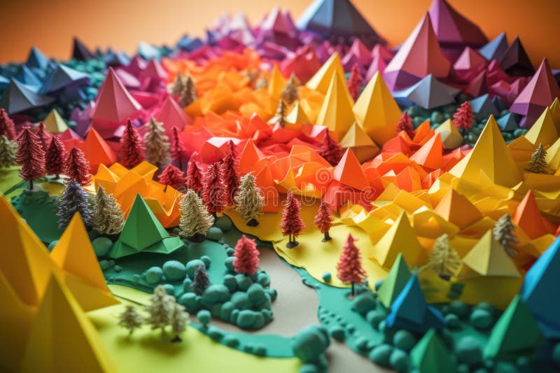 Rainbow Origami Landscape with Trees and Mountains, Created Using ...