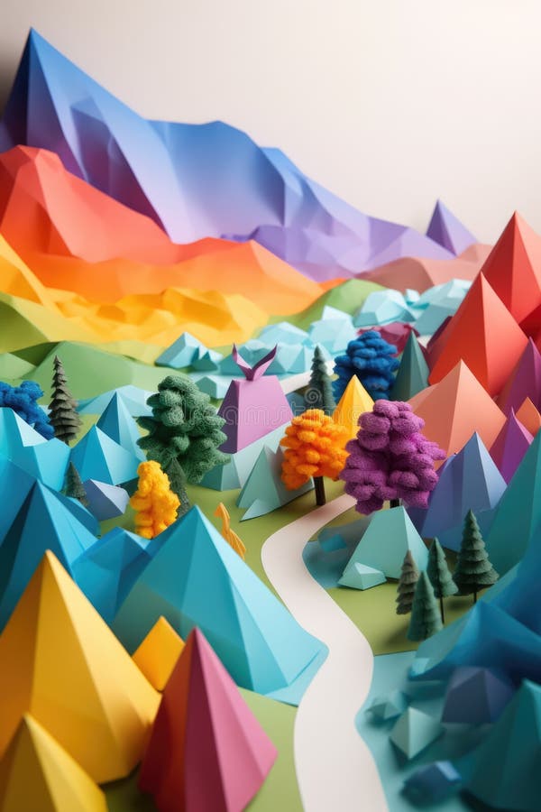 Rainbow Origami Landscape with Trees and Mountains, Created Using ...