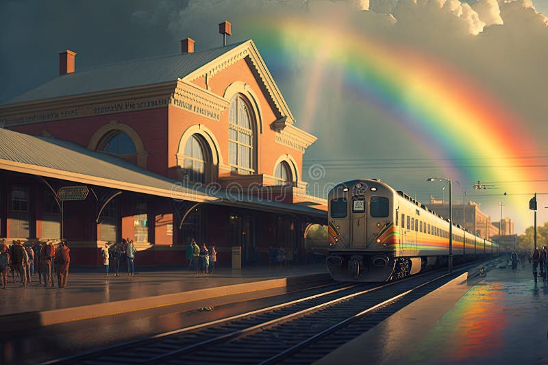 Rainbow Over a Busy Train Station, with Trains Passing through the ...
