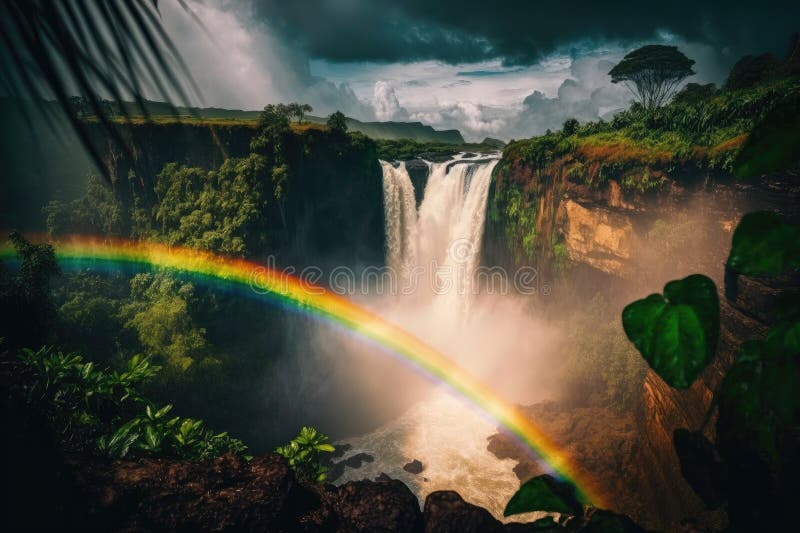 Rainbow Over a Cascading Waterfall with Greenery in the Background ...