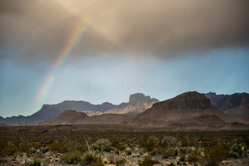 Rainbow Over the Chisos Mountains and Big Bend Valley Stock Photo ...