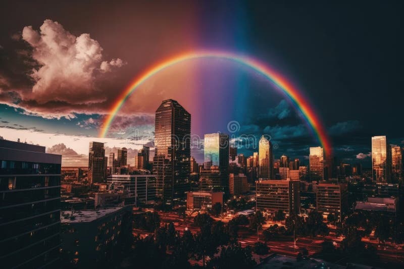 A Rainbow Over a City at Dusk with the Lights of the Buildings Shining ...