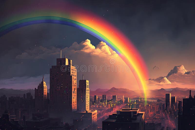A Rainbow Over a City at Dusk with the Lights of the Buildings Shining ...