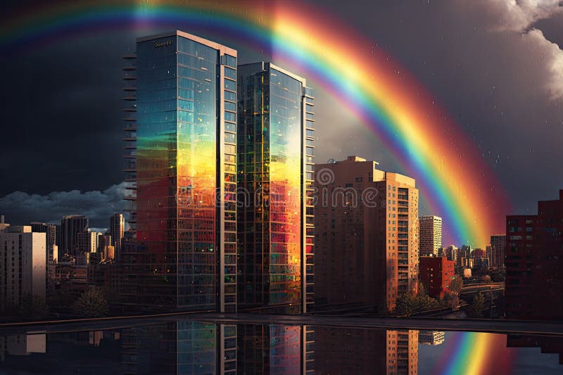A Rainbow Over the City, with Reflections in the Windows of High-rise ...