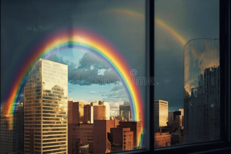A Rainbow Over the City, with Reflections in the Windows of High-rise ...