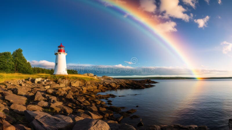 Rainbow Over a Coastal Lighthouse Stock Illustration - Illustration of ...