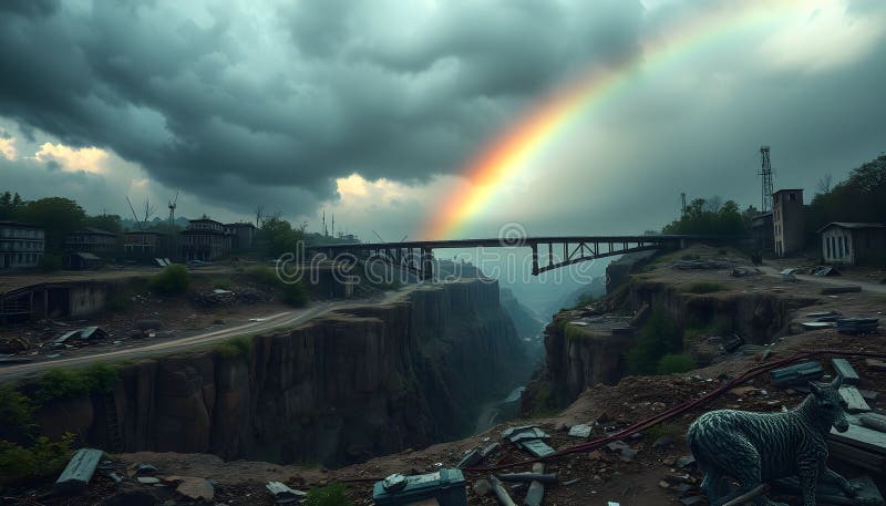 Rainbow Over a Distant Bridge in a Post-Apocalyptic Landscape Stock ...