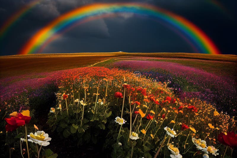 Rainbow Over a Field of Flowers. AI Generated Stock Image - Image of ...