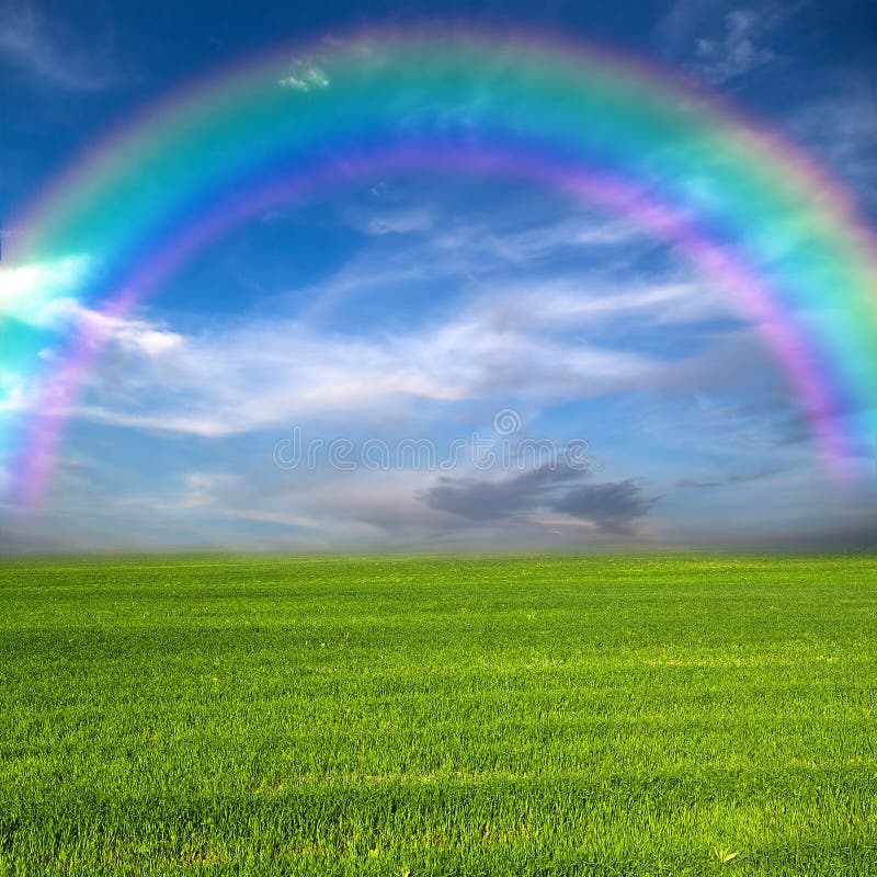 Meadow with rainbow stock photo. Image of copy, colorful - 14229260