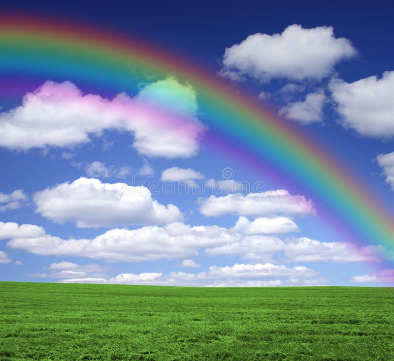 Rainbow over a green field stock illustration. Illustration of ...