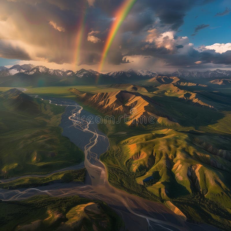 Rainbow Over a Green Mountain Range Stock Photo - Image of clouds ...