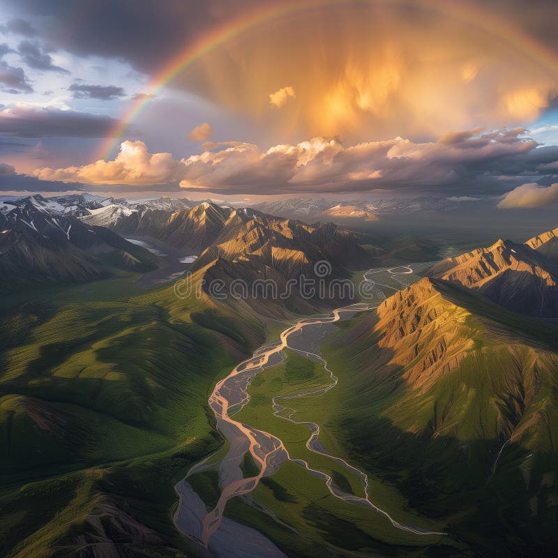 Rainbow Over a Green Mountain Range Stock Image - Image of hill, light ...