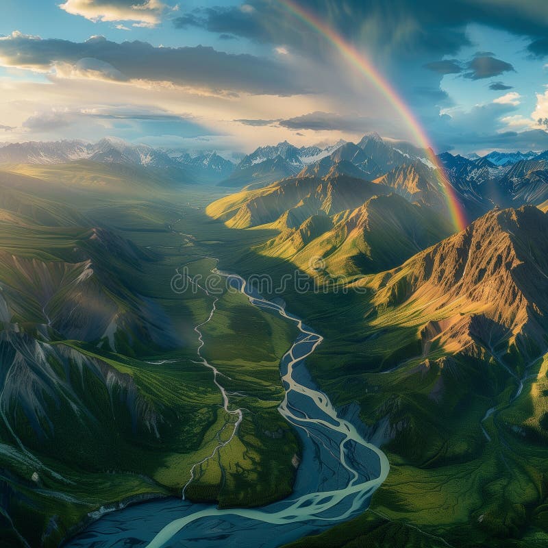 Rainbow Over a Green Mountain Range Stock Image - Image of meadow ...