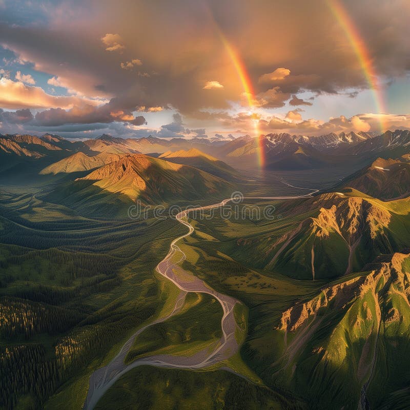 Rainbow Over a Green Mountain Range Stock Photo - Image of meadow ...