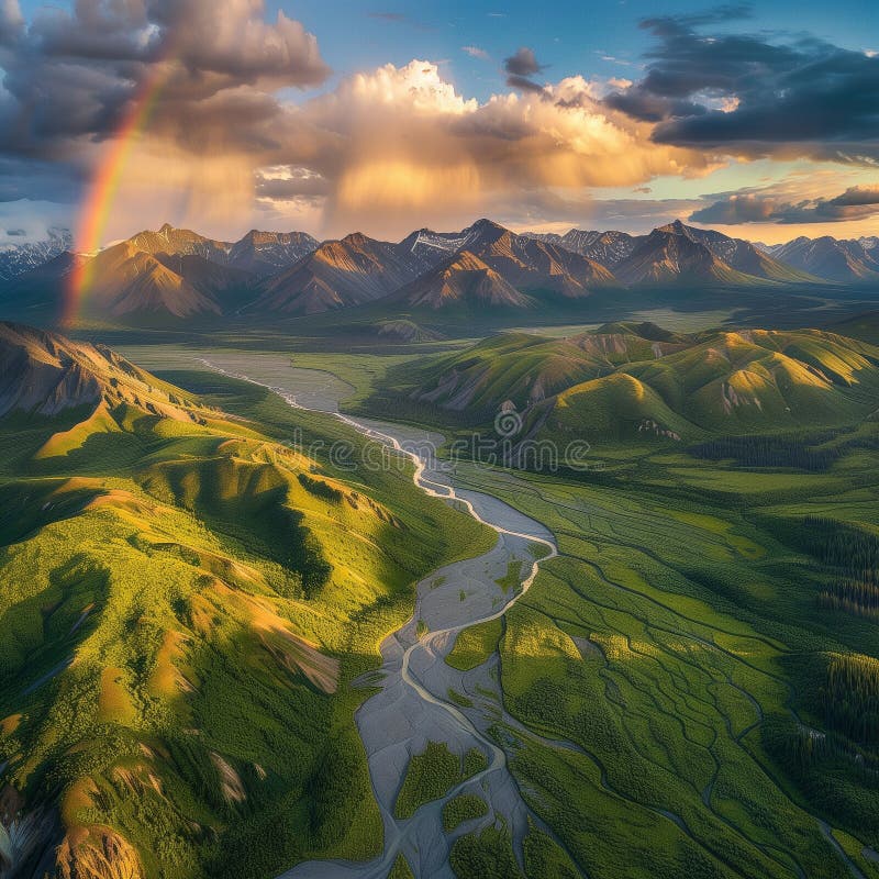 Rainbow Over a Green Mountain Range Stock Image - Image of natural ...