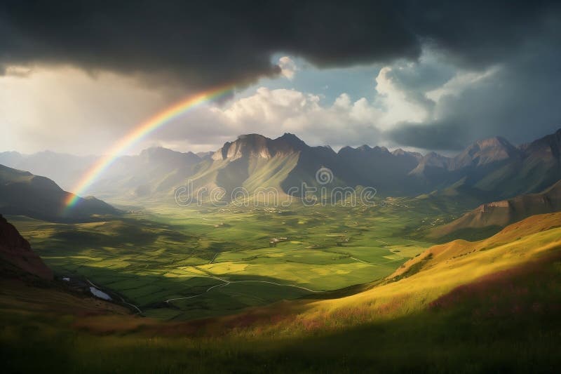 Rainbow Over Green Valley with Mountain Backdrop. AI Stock Illustration ...