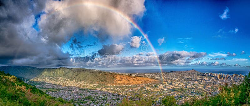 Rainbow Over Honolulu Hawaii after Rain Stock Image - Image of manoa ...